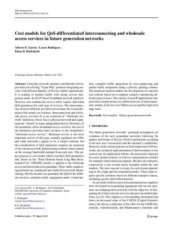(PDF) Cost models for Next Generation Networks with Quality of Service parameters