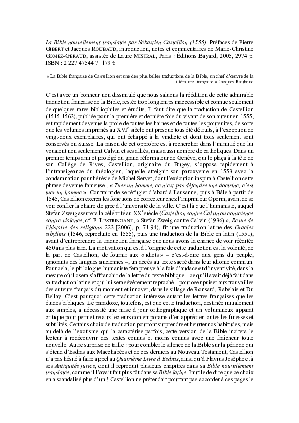 (PDF) La Bible nouvellement translatée par Sébastien Castellion (1555 ...