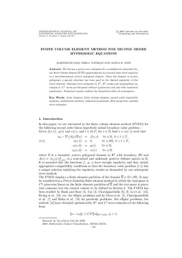 Pdf Finite Volume Element Method For Second Order Hyperbolic Equations