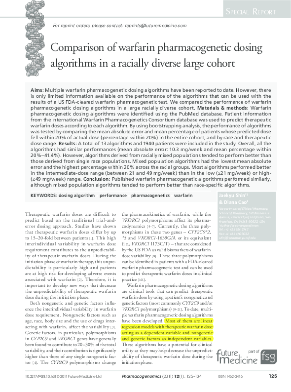 (PDF) Comparison of warfarin pgx dosing algorithms
