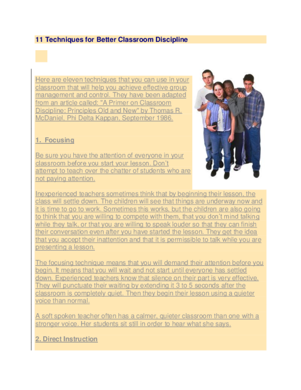 (DOC) 11 Techniques for Better Classroom Discipline