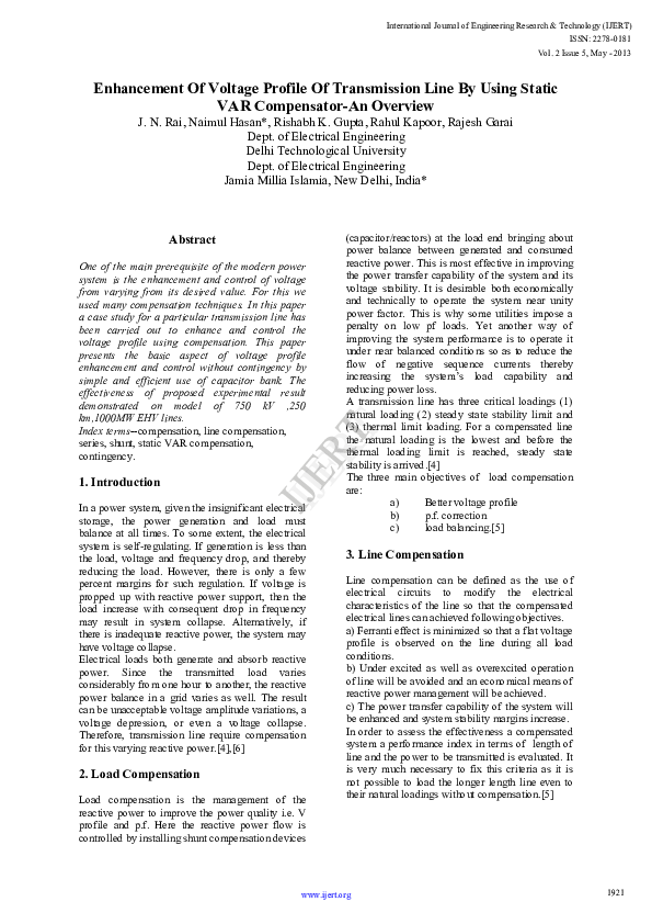 (PDF) Enhancement Of Voltage Profile Of Transmission Line By Using Static VAR Compensator