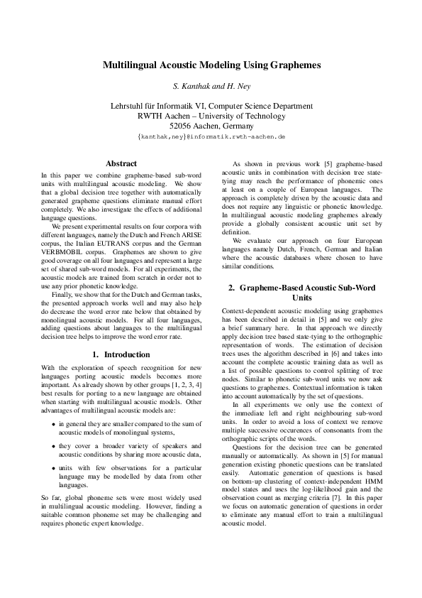 (PDF) Multilingual acoustic modeling using graphemes