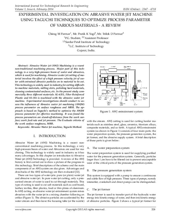 (PDF) EXPERIMENTAL INVESTIGATION ON ABRASIVE WATER JET MACHINE USING TAGUCHI TECHNIQUES TO ...