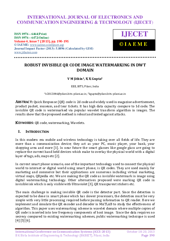 Pdf Robust Invisible Qr Code Image Watermarking In Dwt Domain