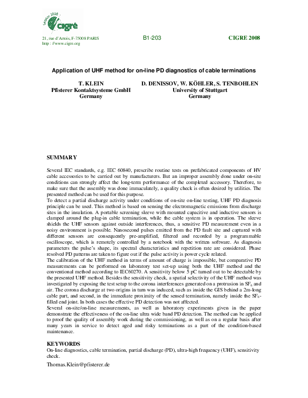 Pdf Application Of Uhf Method For On Line Pd Diagnostics Of Cable