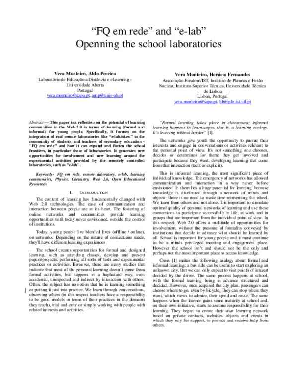 (PDF) “FQ em rede ” and “e-lab” Openning the school laboratories