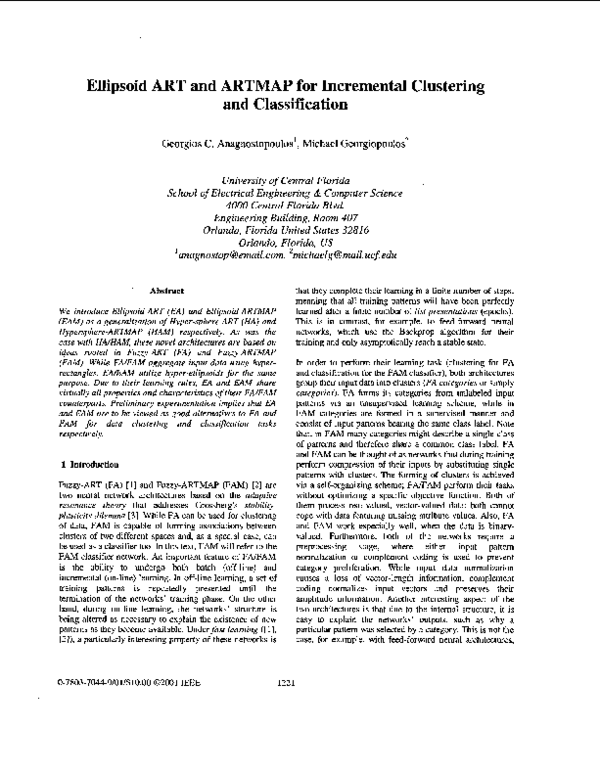 Pdf Ellipsoid Art And Artmap For Incremental Clustering And Classification