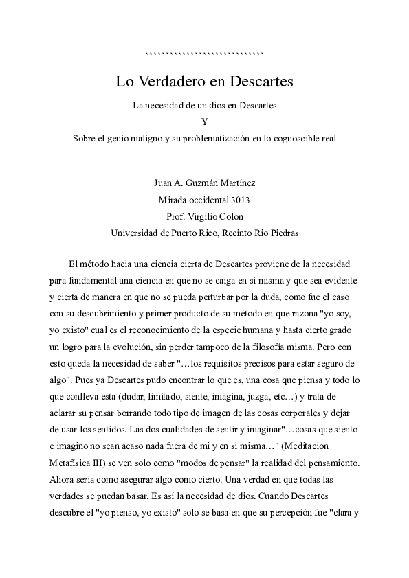 Lo Verdadero en Descartes {La necesidad de un dios en Descartes Y Sobre ...