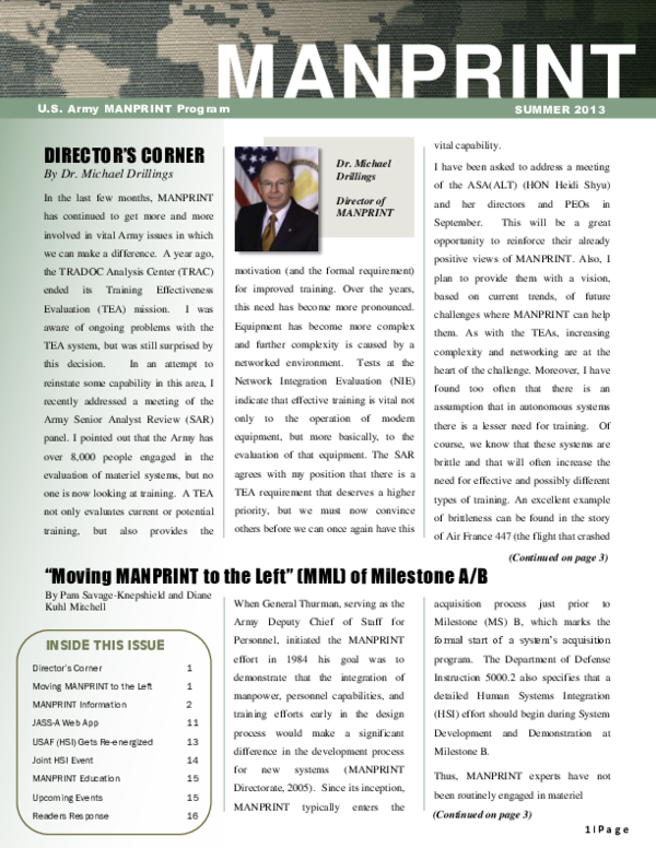 (PDF) "Moving MANPRINT to the Left" (MML) of Milestone A/B