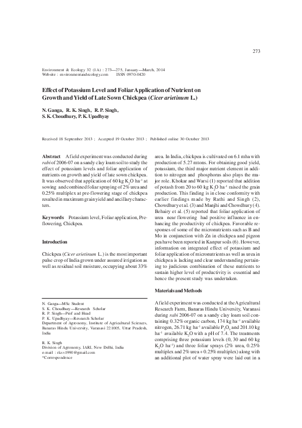 Effect Of Potassium Level And Foliar Application Of Nutrient On Growth