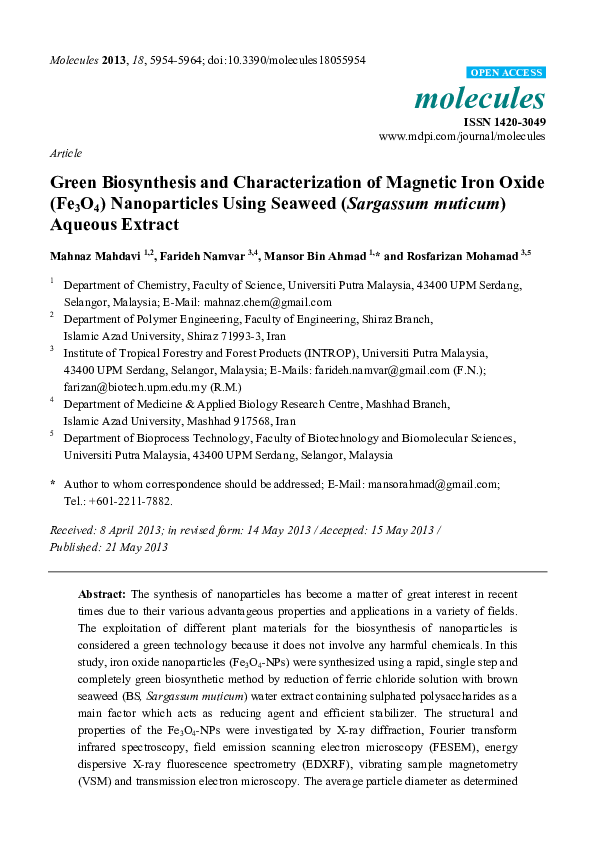 (PDF) Green Biosynthesis and Characterization of Magnetic Iron Oxide (Fe 3 O 4 ) Nanoparticles ...