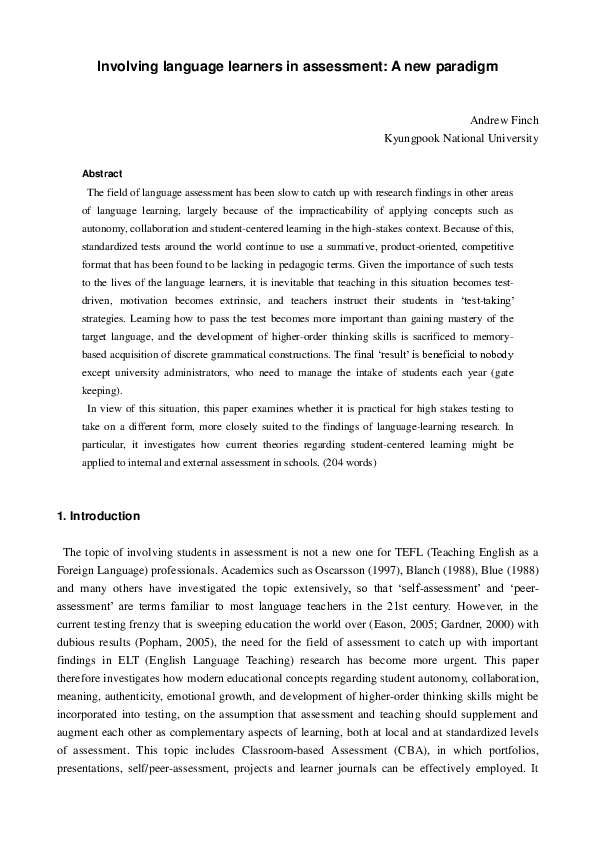 (PDF) Involving language learners in assessment: A new paradigm