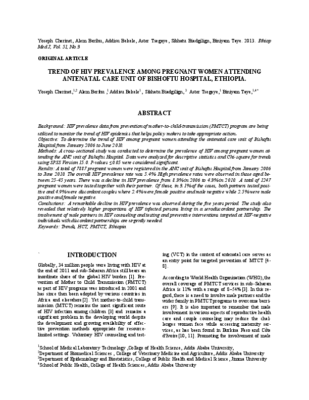 (PDF) TREND OF HIV PREVALENCE AMONG PREGNANT WOMEN ATTENDING ANTENATAL CARE UNIT OF BISHOFTU ...