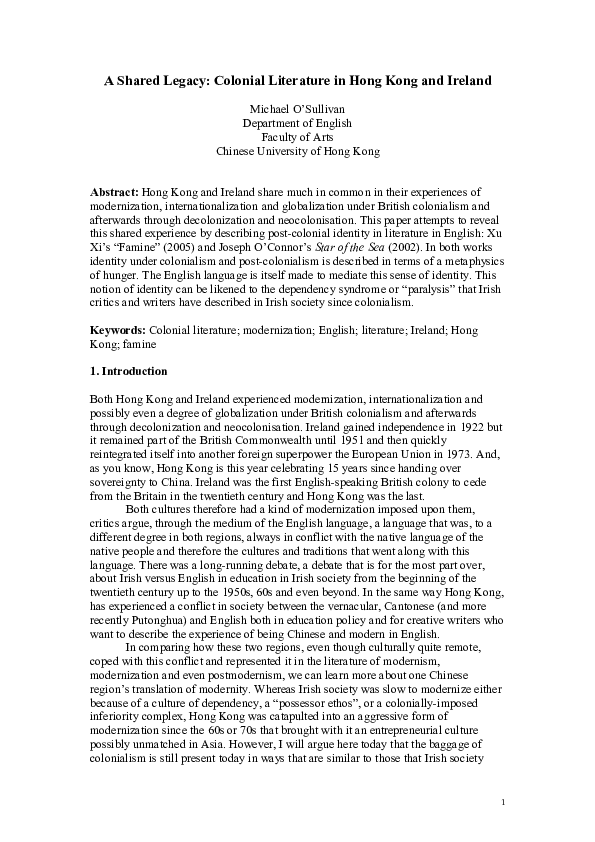 (DOC) A Shared Legacy Colonial Literature in Hong Kong and Ireland