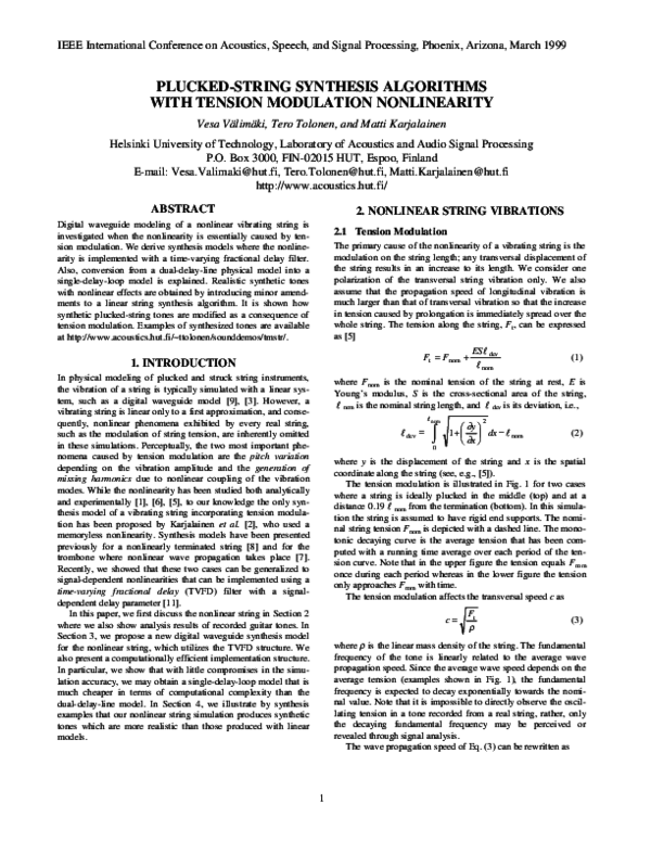 Pdf Plucked String Synthesis Algorithms With Tension Modulation Nonlinearity