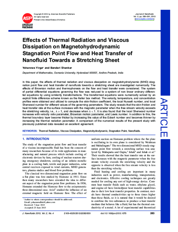 (PDF) Effects of Thermal Radiation and Viscous Dissipation on Magnetohydrodynamic Stagnation ...