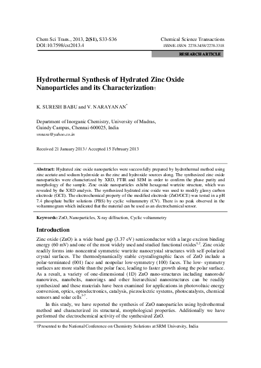 (PDF) Hydrothermal Synthesis of Hydrated Zinc Oxide Nanoparticles and its Characterization