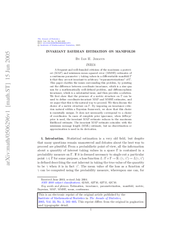 (PDF) Invariant Bayesian estimation on manifolds