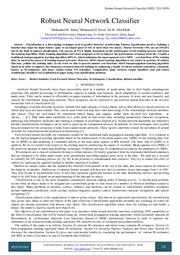 Pdf Robust Neural Network Classifier Issn 2321 9939 Robust Neural