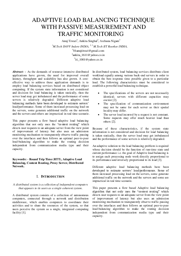 (PDF) ADAPTIVE LOAD BALANCING TECHNIQUE WITH PASSIVE MEASUREMENT AND TRAFFIC MONITORING