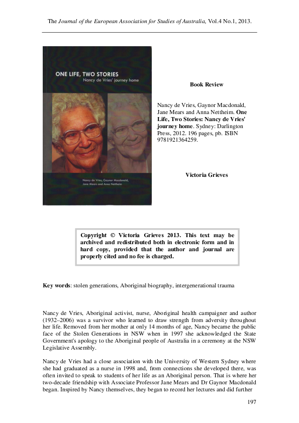 (PDF) One Life, Two Stories: Nancy de Vries' journey home. Nancy de ...
