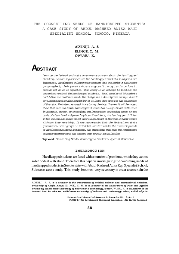(PDF) THE COUNSELLING NEEDS OF HANDICAPPED STUDENTS: A CASE STUDY OF ...