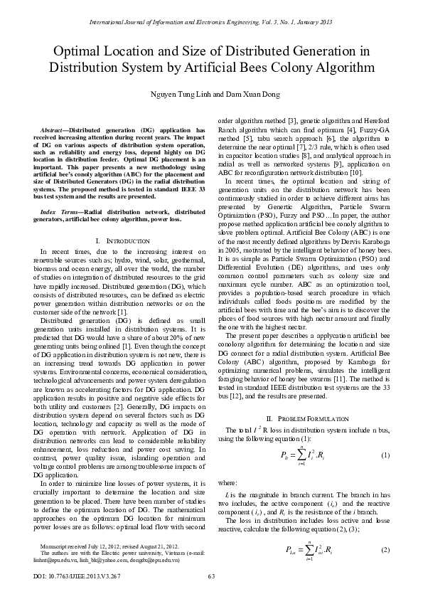 Pdf Optimal Location And Size Of Distributed Generation In Distribution System By Artificial 
