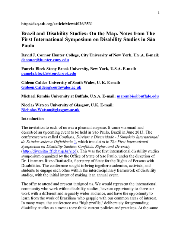 Brazil and Disability Studies: On the Map. Notes from The First ...