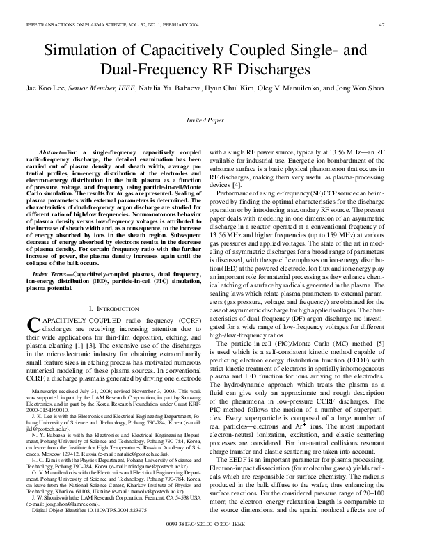 (PDF) Simulation of capacitively coupled single- and dual-frequency RF discharges