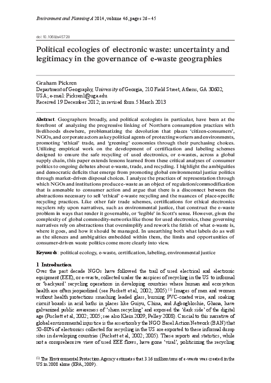 (PDF) (2014) Political Ecologies of Electronic Waste: Uncertainty and Legitimacy in the ...