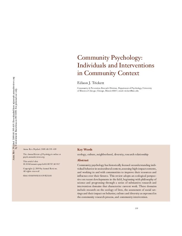 (PDF) Community Psychology: Individuals and Interventions in Community ...
