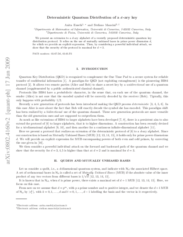 (PDF) Deterministic Quantum Distribution of a d-ary key