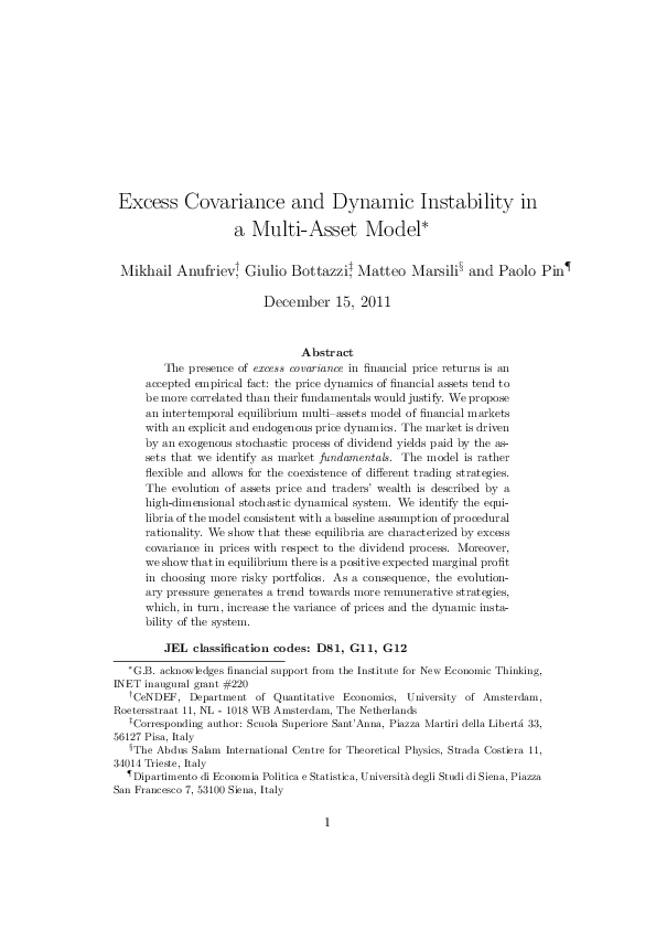 (PDF) Excess Covariance and Dynamic Instability in a Multi-Asset Model