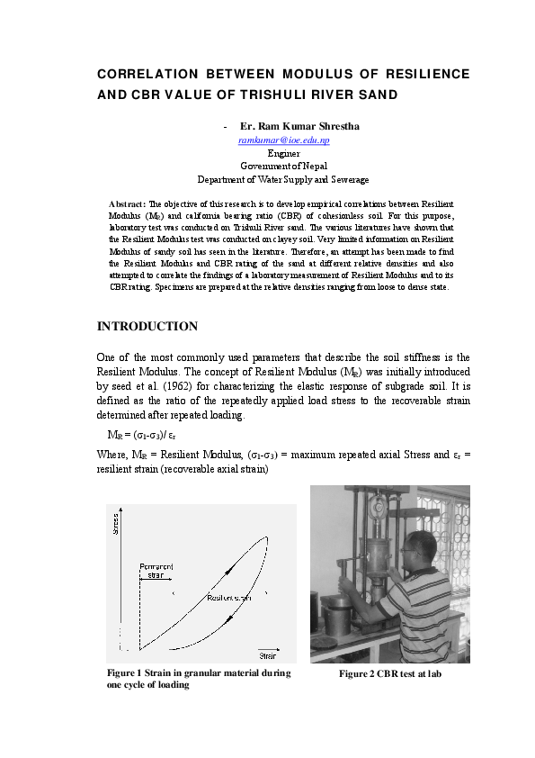 (PDF) CORRELATION BETWEEN MODULUS OF RESILIENCE AND CBR VALUE OF TRISHULI RIVER SAND