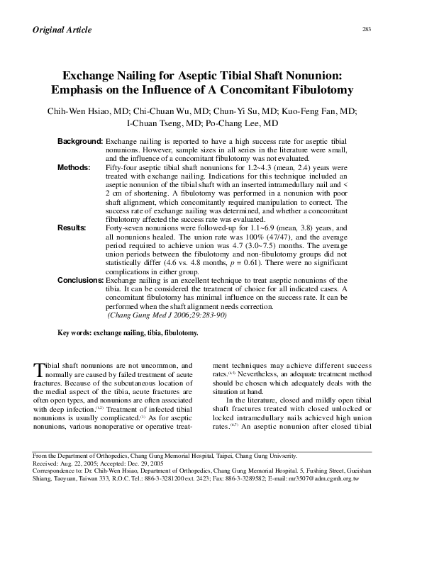 (PDF) Exchange Nailing for Aseptic Tibial Shaft Nonunion: Emphasis on ...