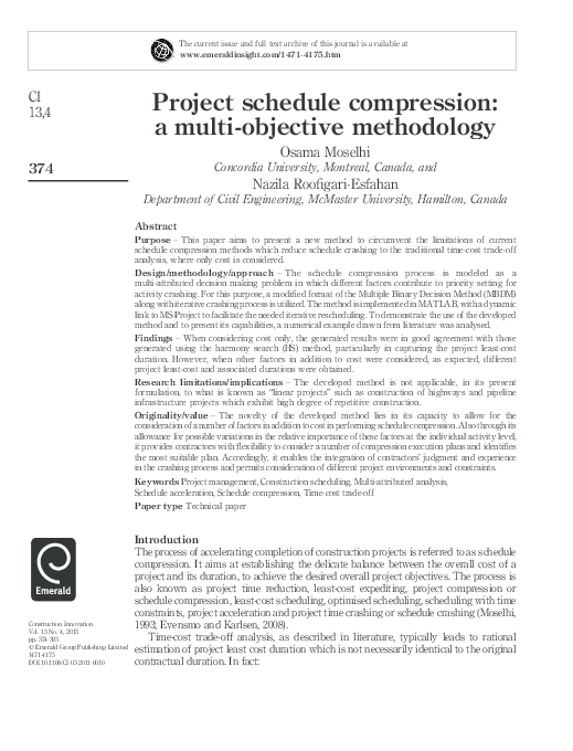 (PDF) Project schedule compression: a multi-objective methodology