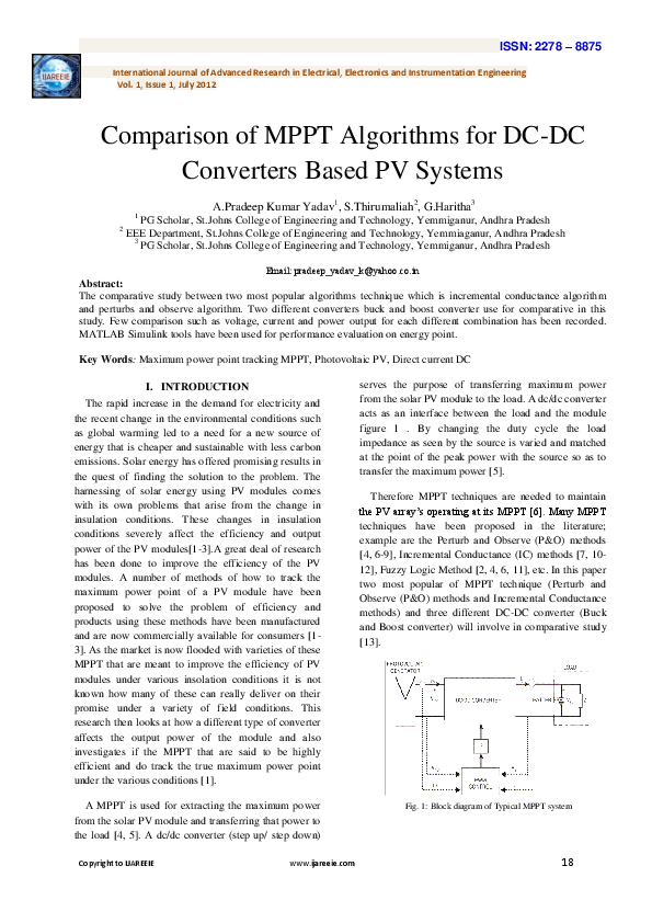 Pdf Comparison Of Mppt Algorithms For Dc Dc Converters Based Pv Systems 