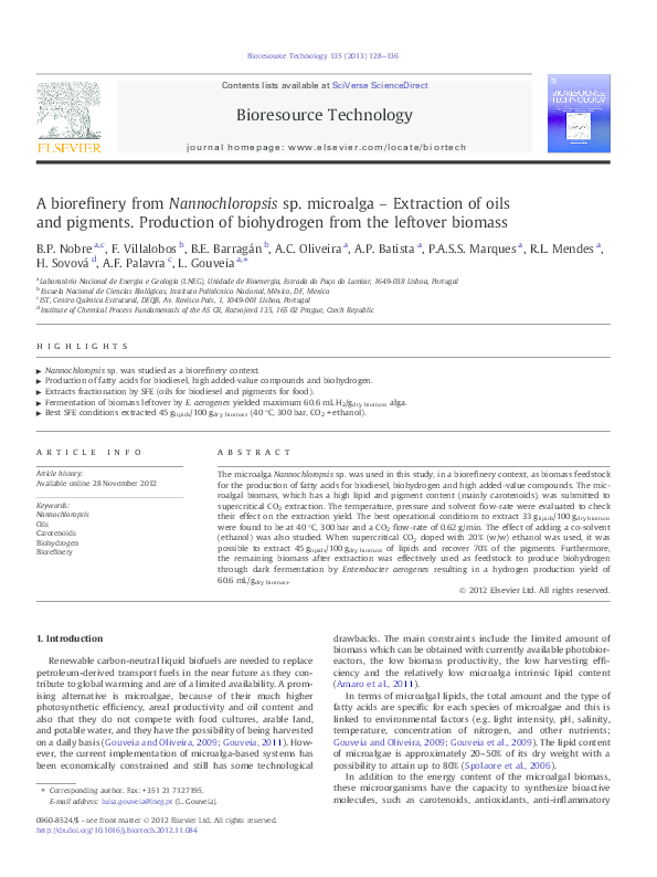 (PDF) A biorefinery from Nannochloropsis sp. microalga – Extraction of oils and pigments ...