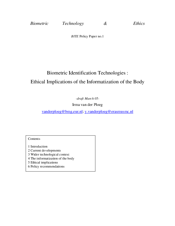 (PDF) Biometric Identification Technologies : Ethical Implications of ...