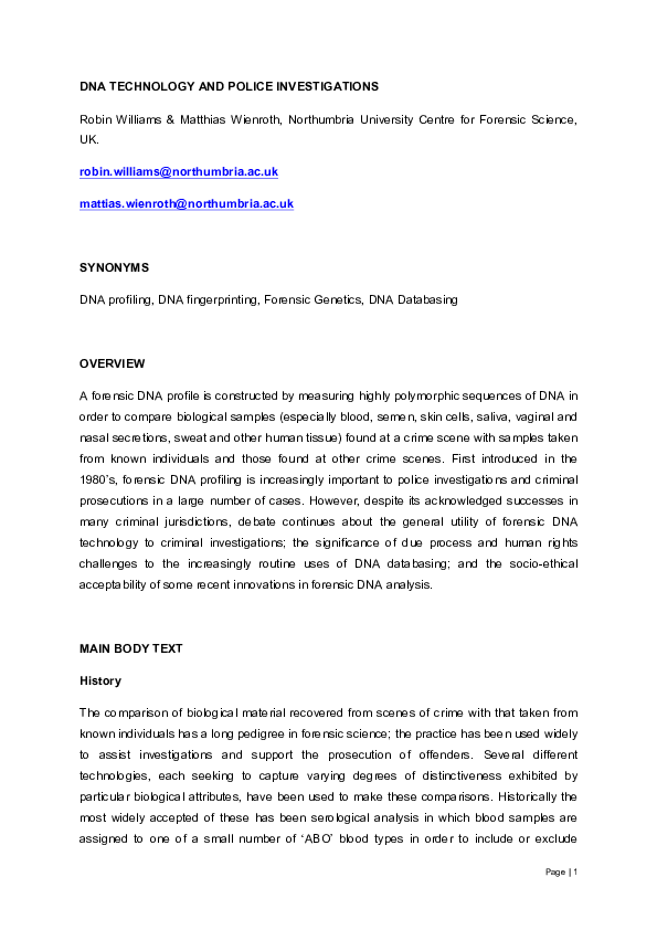 (PDF) DNA Technology and Police Investigations