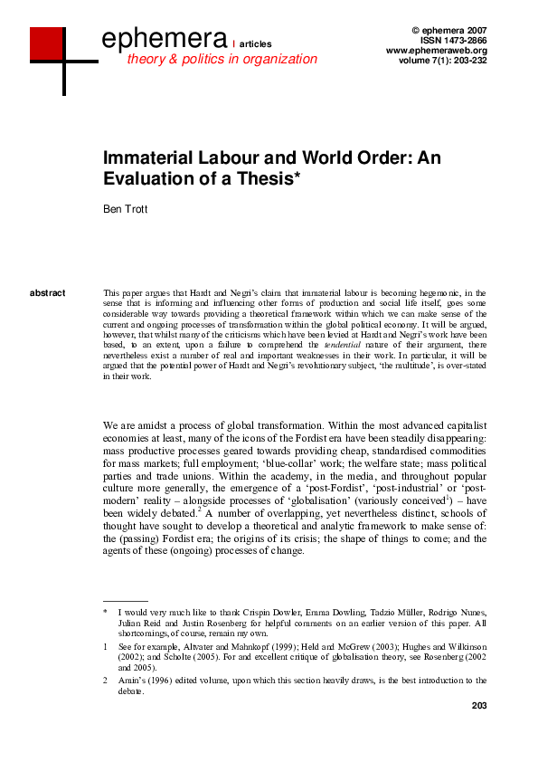 (PDF) Immaterial Labour and World Order: An Evaluation of a Thesis