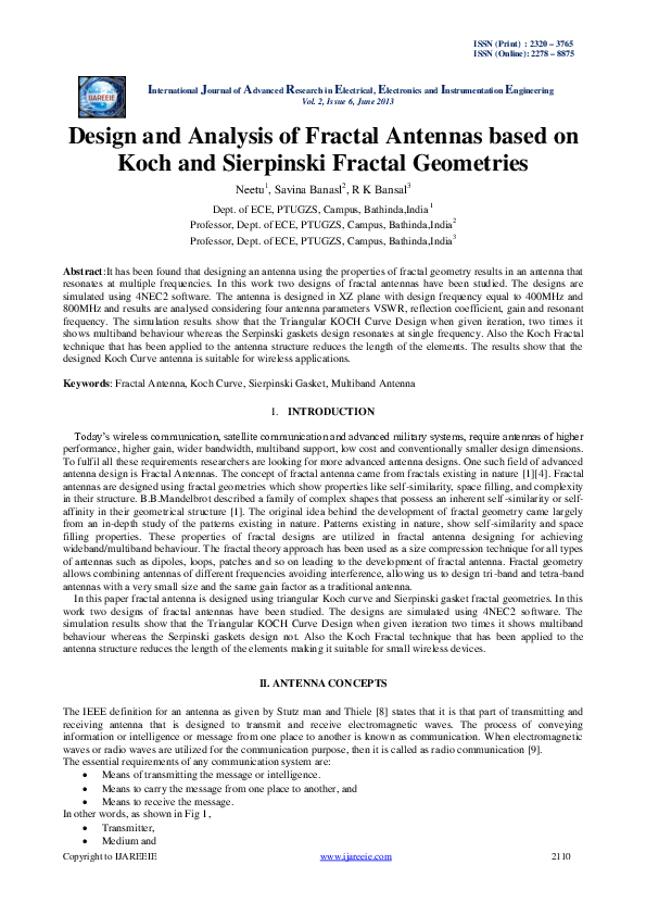 (PDF) Design and Analysis of Fractal Antennas based on Koch and ...