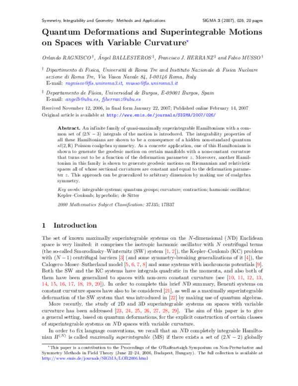 (PDF) Quantum Deformations and Superintegrable Motions on Spaces with Variable Curvature