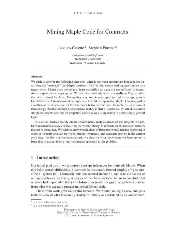 (PDF) Mining Maple Code for Contracts