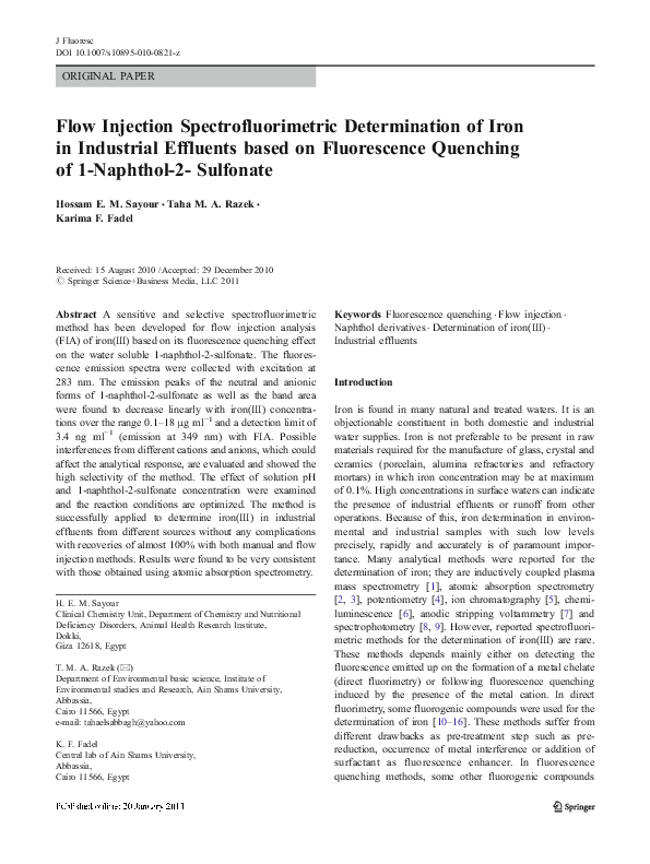 Pdf Flow Injection Spectrofluorimetric Determination Of Iron In Industrial Effluents Based On