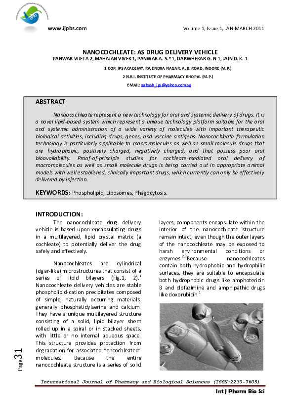 (PDF) Int J Pharm Bio Sci (IJPBS) NANOCOCHLEATE: AS DRUG DELIVERY VEHICLE