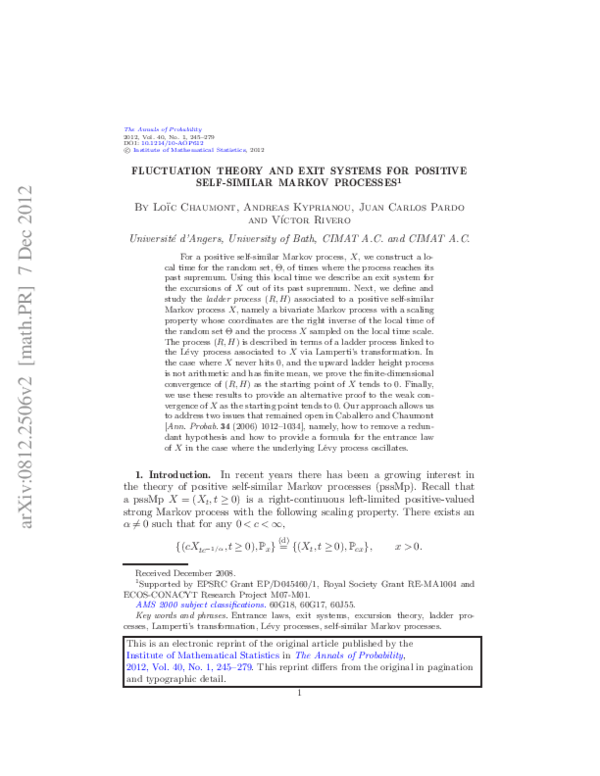 (PDF) Fluctuation theory and exit systems for positive self-similar Markov processes