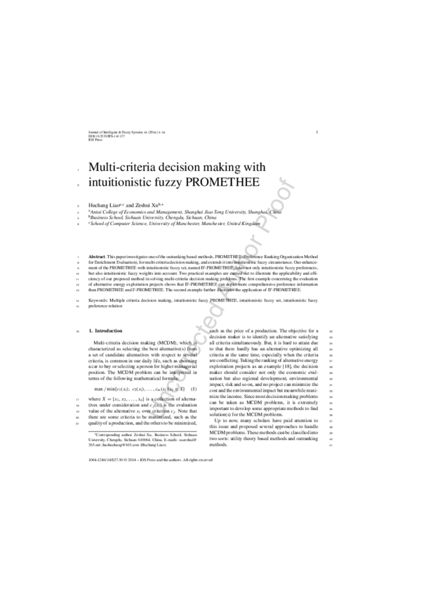 (PDF) Multi-criteria decision making with intuitionistic fuzzy PROMETHEE