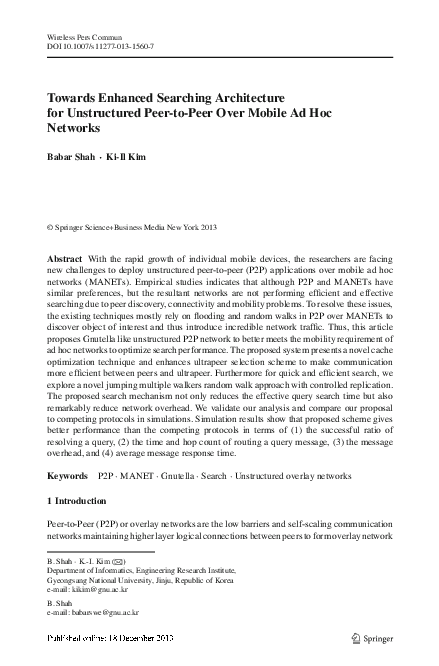 Pdf Wireless Pers Commun Towards Enhanced Searching Architecture For Unstructured Peer To Peer